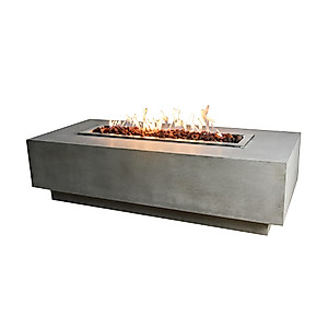 Elementi Granville 60 Inch Rectangular Concrete Natural Gas Fire Pit Table + 42 Inch Stainless Steel Fire Pit Cover + Tempered Glass Wind Screen Guard