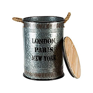 Organize It All Cobblestone Metal Storage Bin Décor, Set of 2 Multi Sized, with Wooden Lid and Handles, in Grey