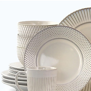 IHIPPO Dinnerware Sets Round Stoneware Luxurious Mellow Dinnerware Dish Set 16 Piece Round Stoneware Dinnerware Set in Embossed White Dinnerware Dish Set Kitchen Plates Dishwasher and Microwave Safe