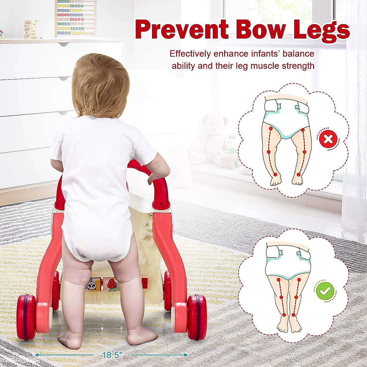 BABY JOY Sit to Stand Learning Walker, Baby Push Walker with Projector & Play Panel, Kids Early Education Activity Center with Lights & Sounds, Musical Walking Toys Gift for Toddler Boys Girls (Red)