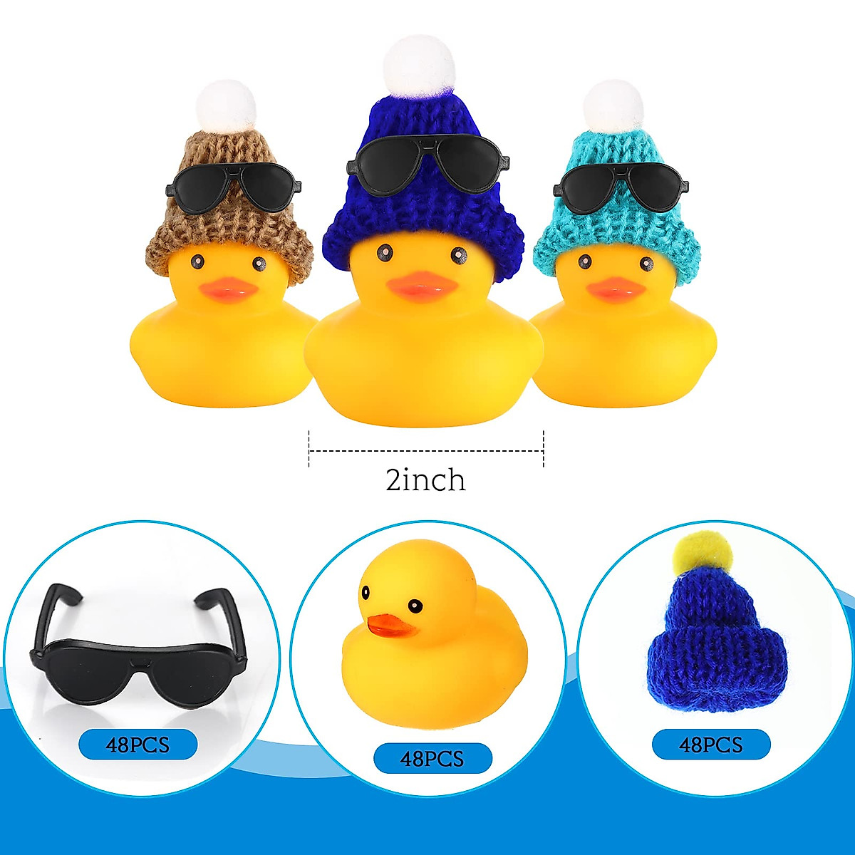 48 Pcs Mini Rubber Duck in Bulk with 48 Pcs Sunglasses and 48 Pcs Knitting Hats Sets, Duck Bath Rubber Ducky Bathtub Toys for Gift Cruise Birthday Baby Shower Party