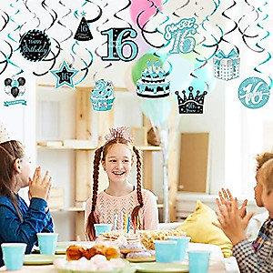 30 Pieces Birthday Hanging Swirl Decorations, Teal Silver Black Blue Turquoise Happy Birthday Foil Swirls Ceiling Decor for Girls Sweet Birthday Decorations Supplies (16th Style)