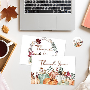 Whaline 30 Pack Fall Thank You Cards Bulk Watercolor Autumn Leaves Pumpkin Thank You Note Cards with Kraft Envelopes Stickers for Wedding Thanksgiving Harvest