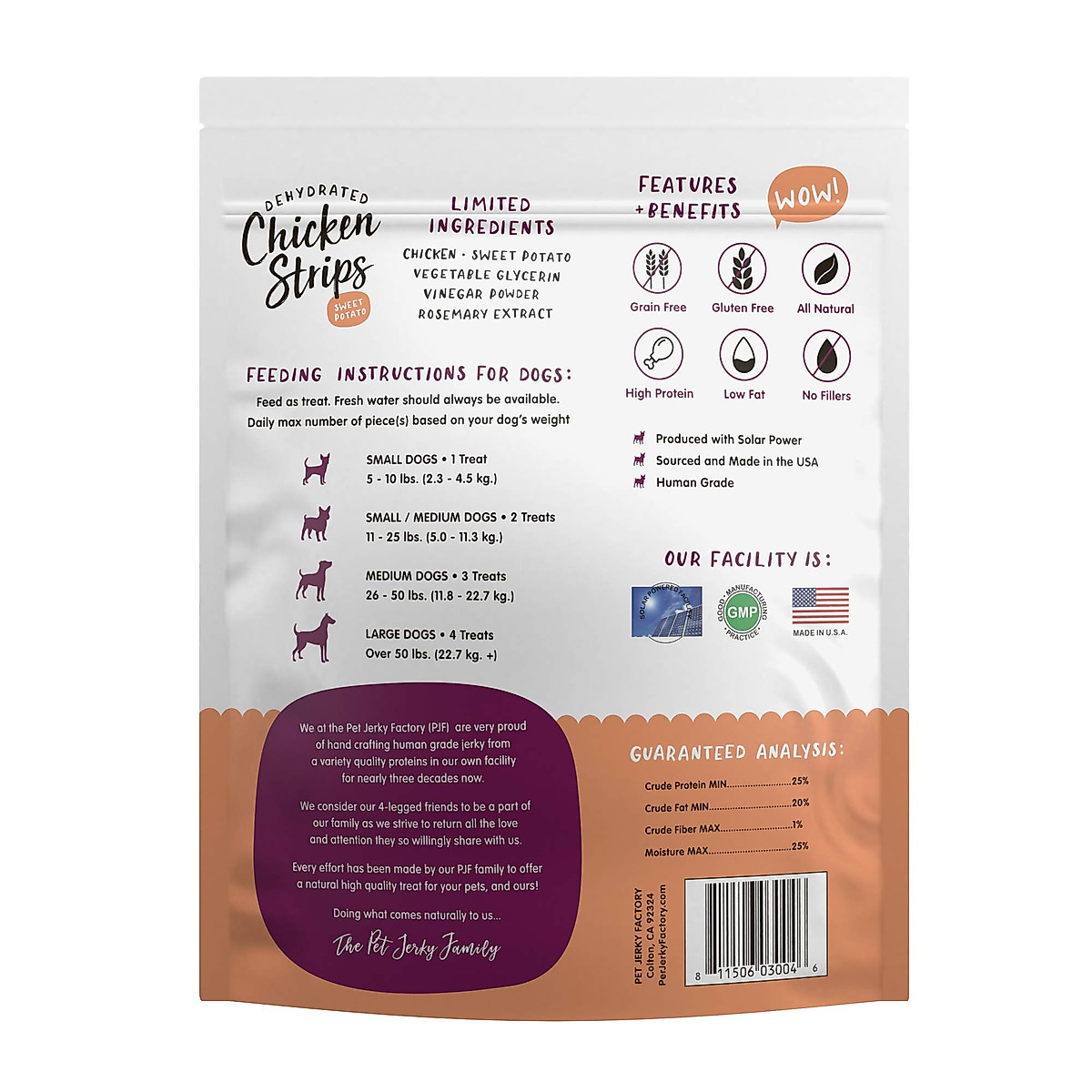 Pet Jerky Factory Premium Chicken and Sweet Potato 12 oz. Dog Jerky Treats | 100% Human Grade | USA Made | High Protein | Grain Free | Limited Ingredients | BHA-BHT Free | Soft-Tender