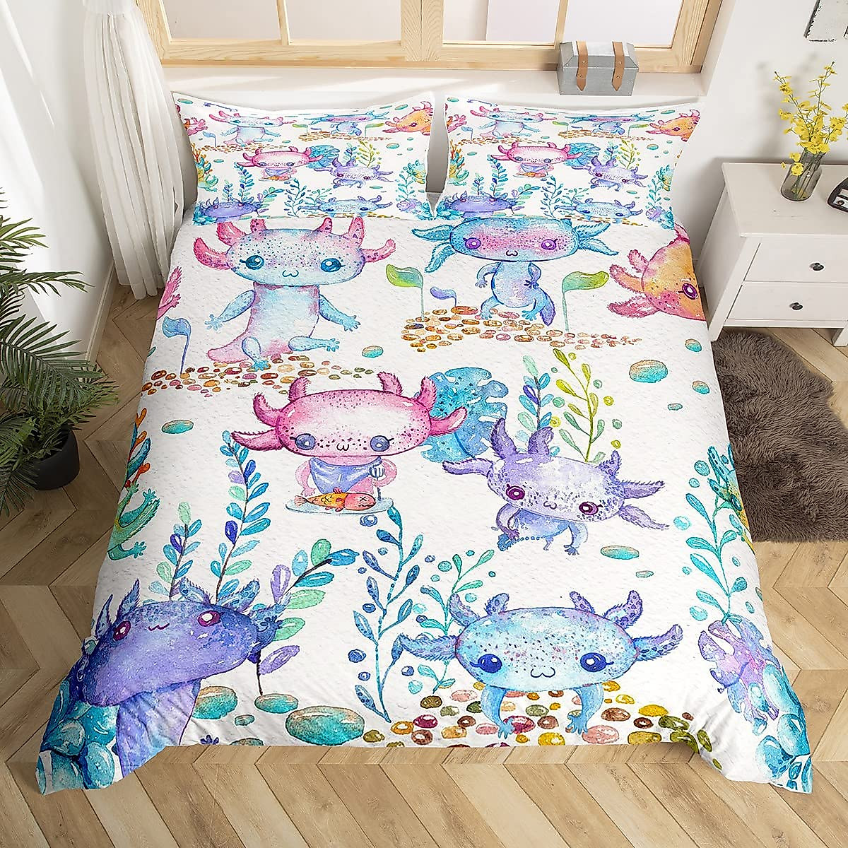 Erosebridal Cartoon Axolotl Duvet Cover Full for Kids Boys Girls Toddlers,Kawaii Axolotl Bedding Set,Coastal Ocean Sealife Comforter Cover with 2 Pillowcases