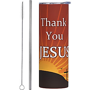 Stainless Steel Skinny Tumbler Thank You Jesus Travel Cup 20 Oz Double Wall Slim Insulated Coffee Mug With Splash Proof Lid & Straw & Cleaning Brush For Home Office
