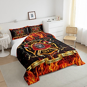 Firefighter Theme Children Comforter Set,Burning Flame Bedding Set for Kids Boys,Adults Soft Fireman Sign Comforter,Teens Red and Black Quilted Duvet Set Bedroom Collection King Size 3Pcs