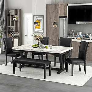 Lifeand 6-Piece Dining Set with 1 Faux Marble Top Table,4 Upholstered Seats and 1 Bench,Black