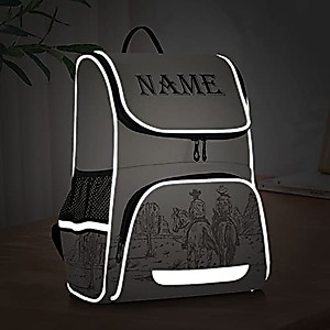 XUWU Custom Personalized Backpack Western Desert Cowboy Backpack with Reflective Strip for Kids Boys Girls Elementary School Bag Removable Chest Strap
