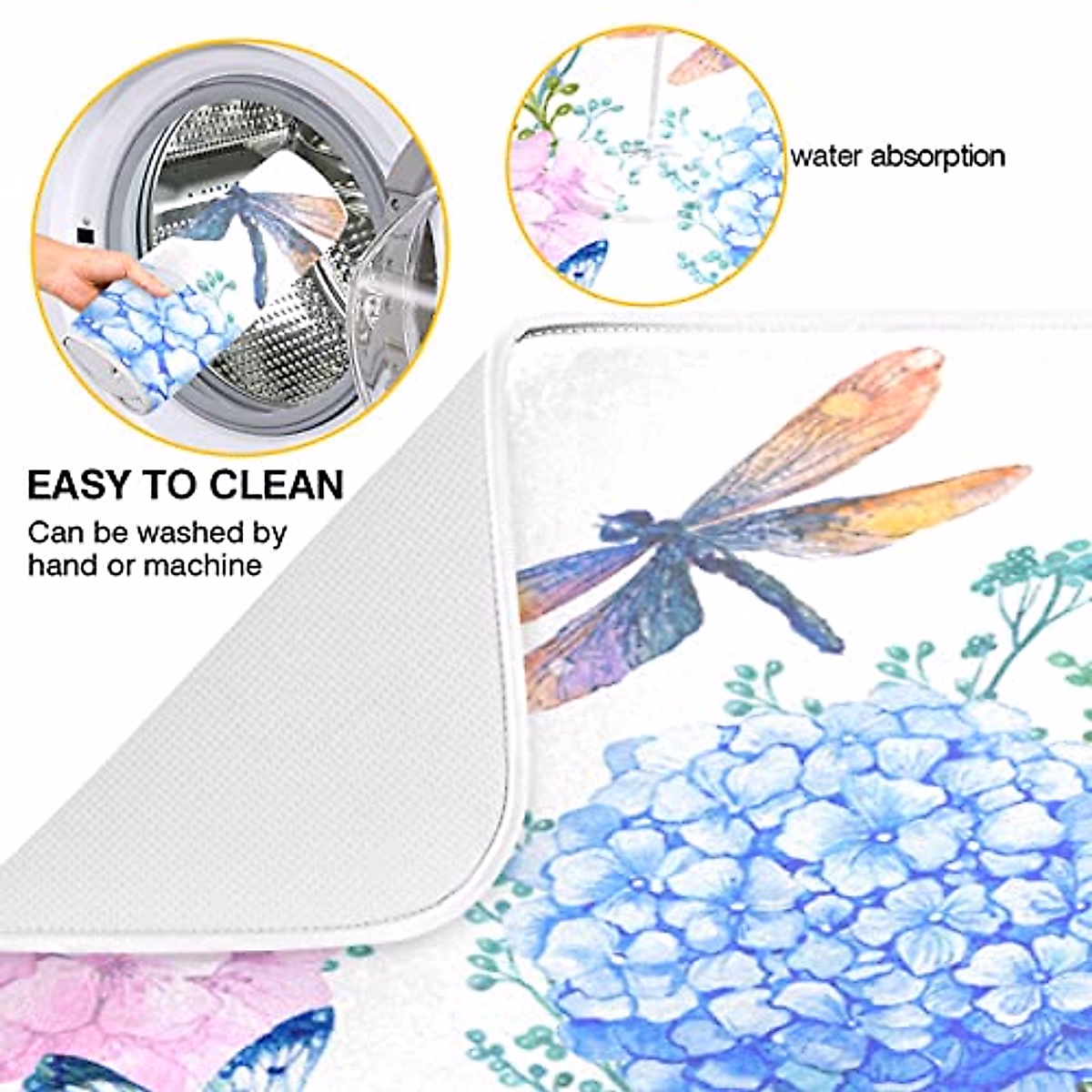 ZzWwR Beautiful Hydrangeas Dragonflies Floral 16 x 18 Inches Absorbent Dish Drying Mat Microfiber Kitchen Countertop Table Protector Multi-Purpose Counter Rack Sink Drainer Pad