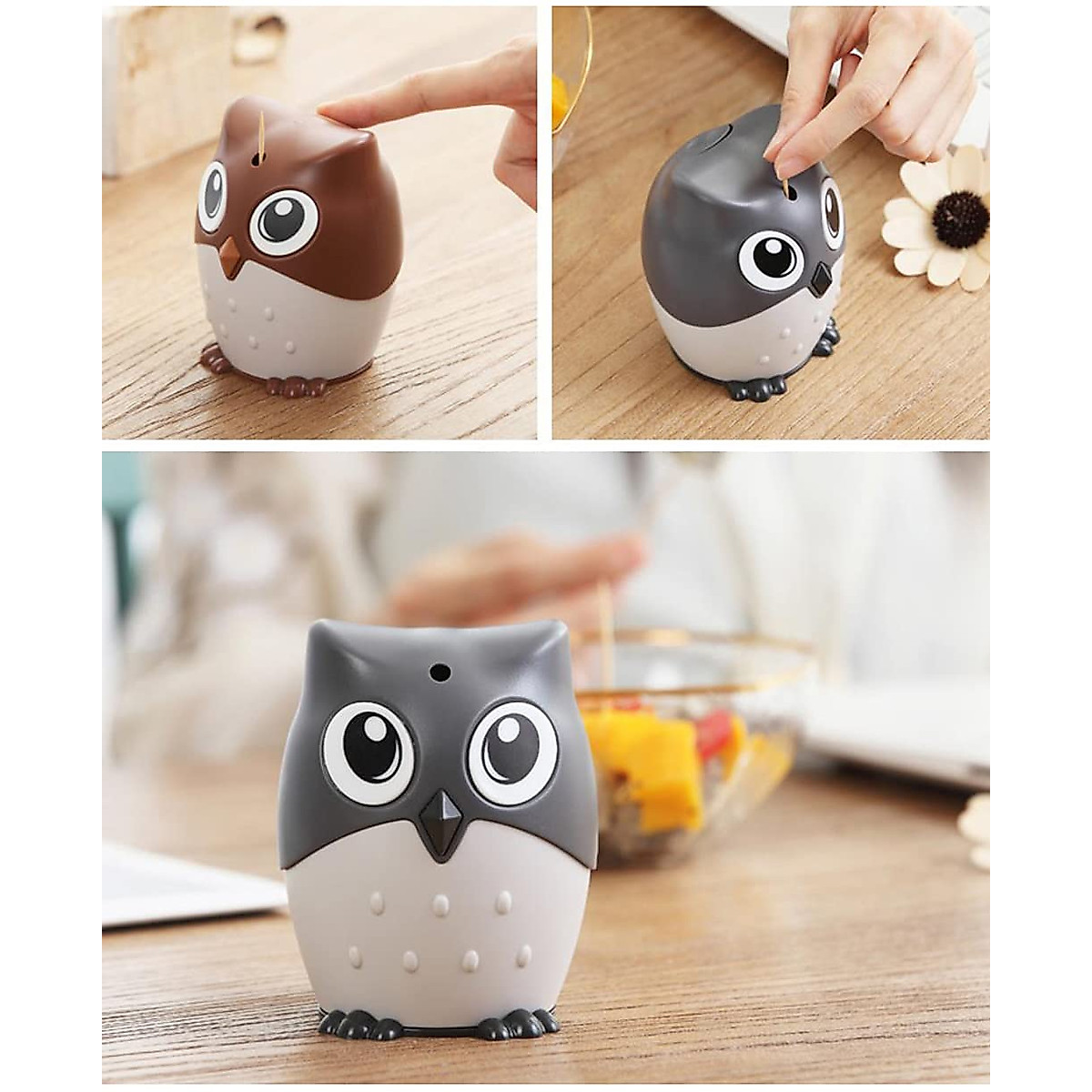 Hyever Pop-Up Toothpick Holder Automatic Toothpick Dispenser Cute Owl Design Toothpick Holder Funny for Table, Restaurant, Kitchen and Party (Dark Grey)