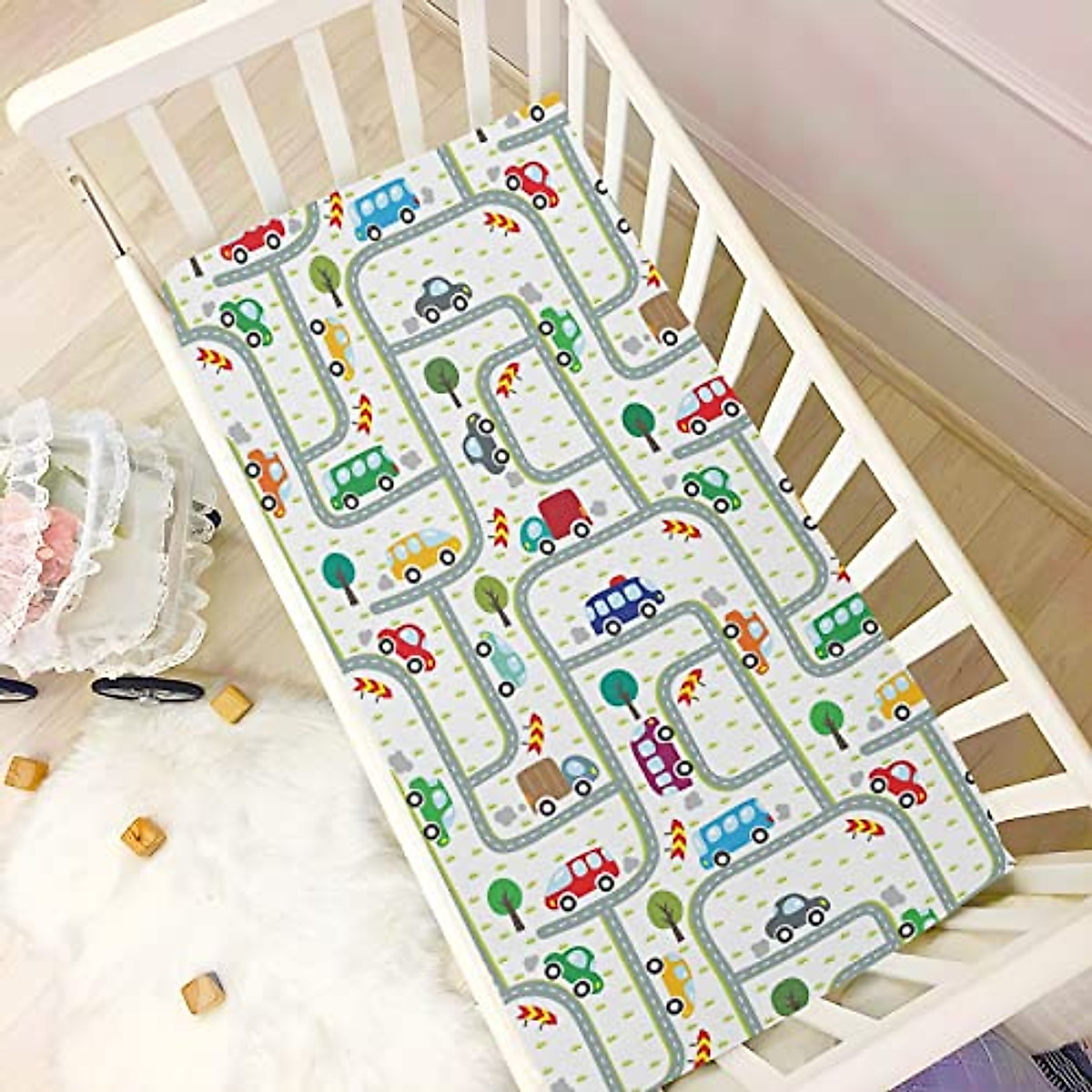 Cartoon Car Crib Sheets for Baby Soft and Breathable Baby Crib Sheets Machine Washable Playard Fitted Sheet for Boy Girl