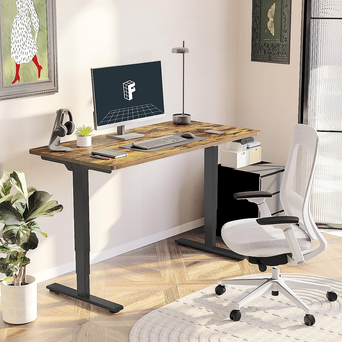 FLEXISPOT E6 Essential 3 Stages Dual Motor Electric Standing Desk 55x28 Inch Whole-Piece Board Height Adjustable Desk Electric Sit Stand Desk(Black Frame + Special Walnut Desktop, 2 Packages)