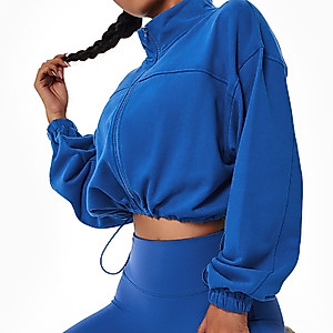 Pissente Womens Running Jacket Full Zip Stand Collar Long Sleeve Drawstring Hem Running Yoga Cropped Shirts(M-Blue)
