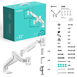 ONKRON Double Monitor Arm for Two 13-32 Inch Screens up to 19 lbs Each, Gas Spring Dual Monitor Arm Desk Mount 75x75 & 100x100 VESA - Dual Computer Monitor Mount for Desk Swivel Tilt Rotation White
