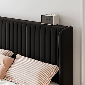 SHA CERLIN King Size Velvet Bed Frame with Vertical Channel Tufted Wingback Headboard, Upholstered Platform Bed with Wood Slats, No Box Spring Needed, Easy Assembly, Black