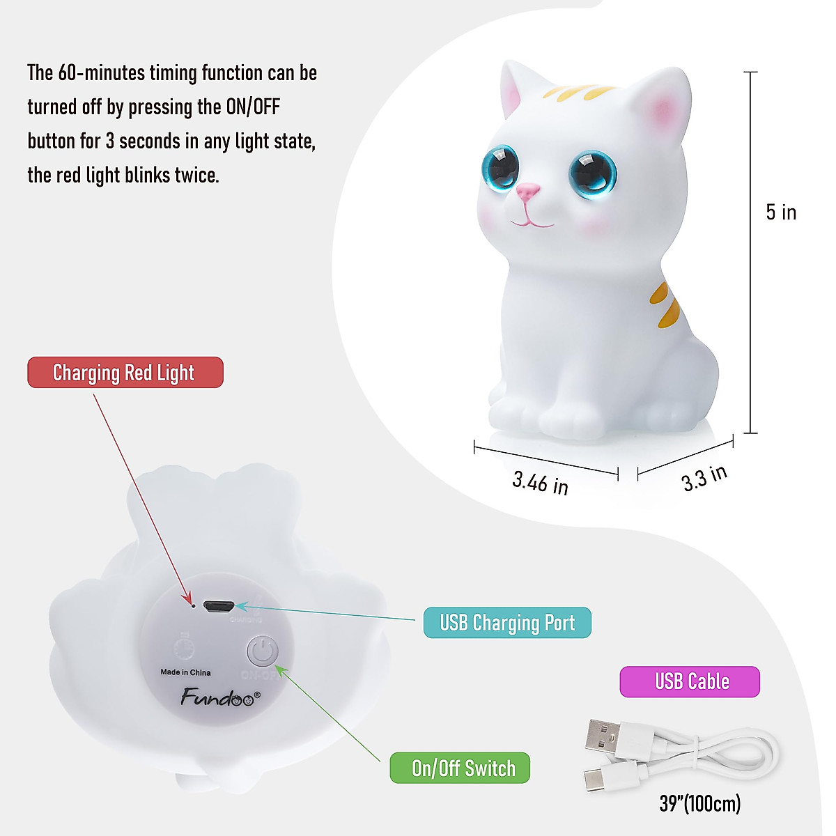 Fundoo Cute Cat Night Light, Rechargeable Kitty Night Light for Kids Room, Multicolor LED Cat Lamp Nightlight Gift for Adults Women Teen Baby Children Girls Boys