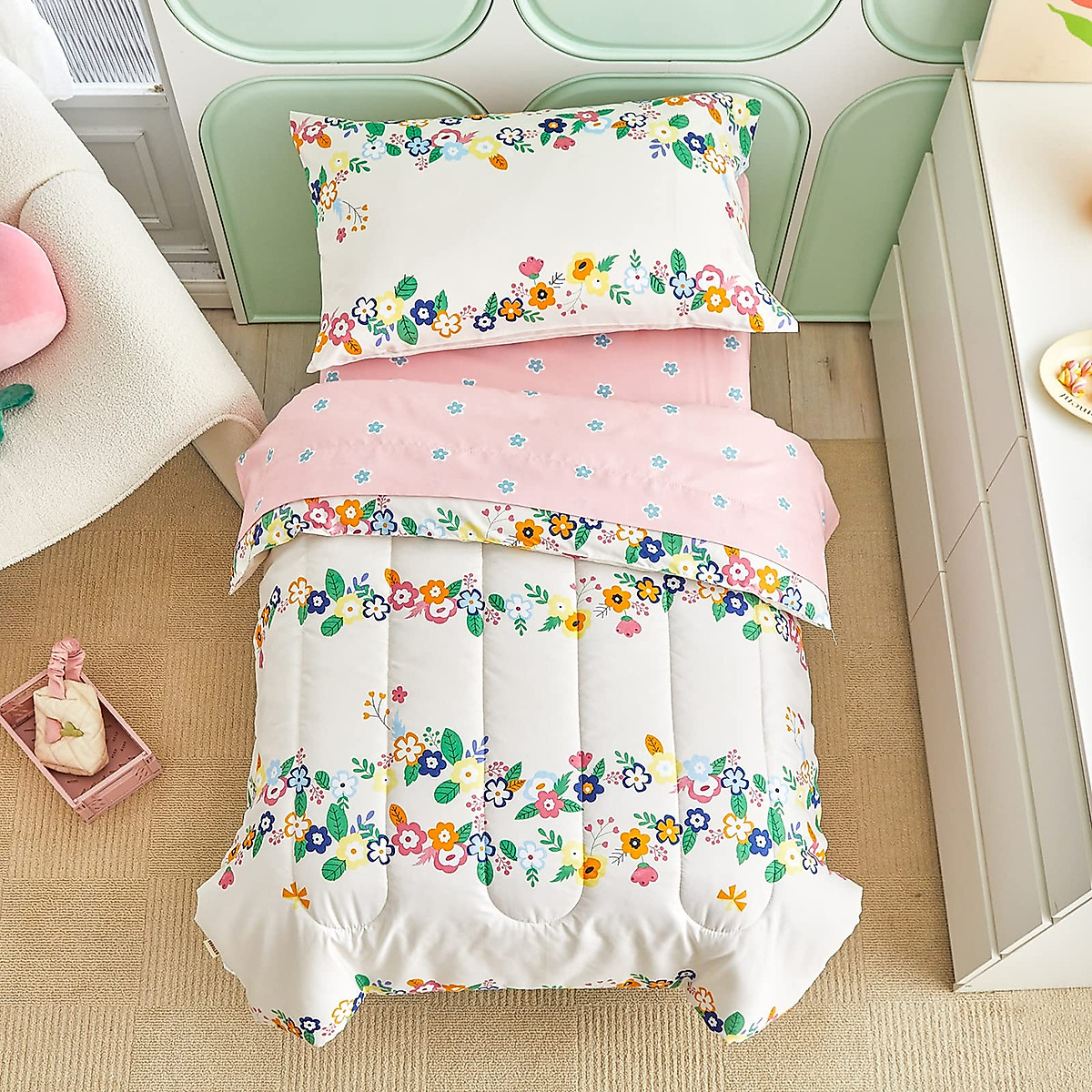 Joyreap 4 Piece Toddler Bedding Set, Floral Strips Design, Ultra Soft Microfiber Toddler Comforter for Kids Boys Girls, Includes Quilted Comforter, Fitted Sheet, Top Sheet, and Pillow Case