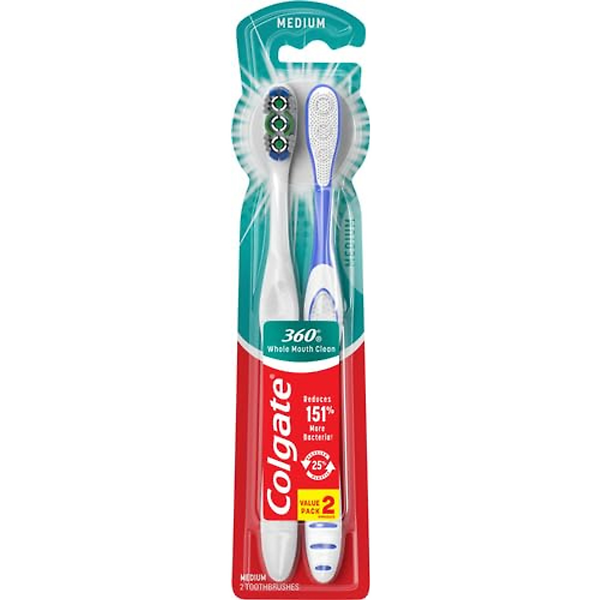 Colgate 360° Toothbrush with Tongue and Cheek Cleaner, Medium - 2 Count