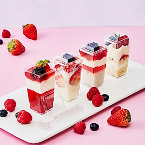 YANYOPPINT 50 Pack 3 oz Square Mini Dessert Cups with Lids and Spoons Square Tall Clear Dessert Shooter Plastic Parfait Appetizer Cups Reusable Serving Bowl for Party