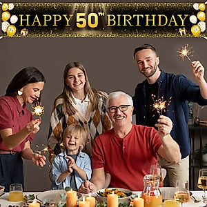 TZSS Black & Gold 50th Birthday Banner Decorations - Extra Large 118"x20" Reusable Yard Sign for Women & Men, Over The Hill Party Decor Indoor Outdoor, 50 and Fabulous Happy 50th