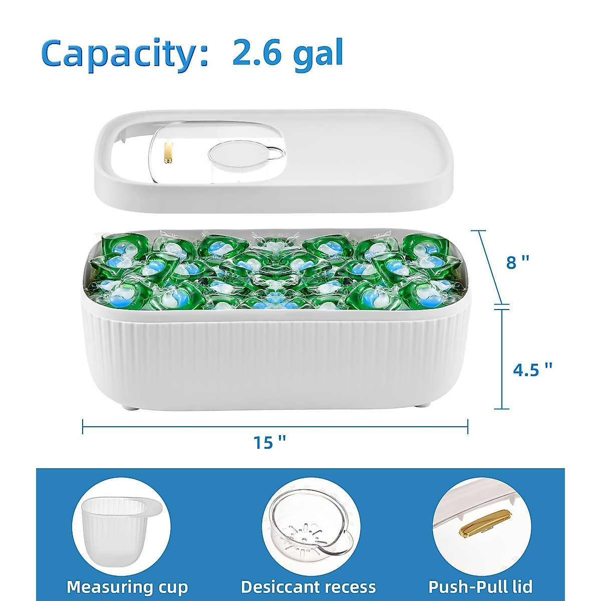 SUBEKYU Laundry Pods Container,2.6 Gal Laundry Pod Holder Dispenser,Dishwasher Pods Container with Push-Pull Lid,Laundry Room Organization and Storage Box for Washing Powder,Scent Beads,Dryer Balls