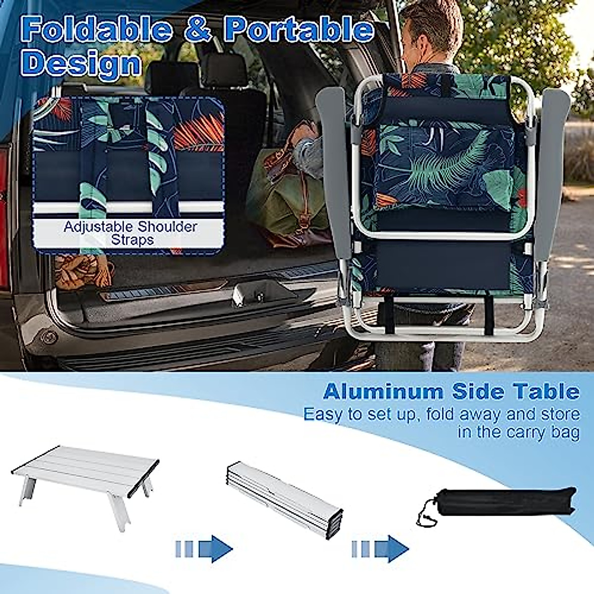 Giantex 3-PCS Folding Camping Chair - Beach Chair and Aluminum Table Set, Patio Sling Chairst with 5 Adjustable Position, Backpack Lawn Chair for Fishing,Travelling Sunbathing Chairs Set