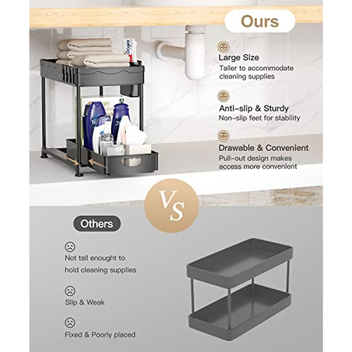 MERRYBOX Under Sink Organizers and Storage, Sliding Under Bathroom Cabinet Organizer, 2 Tier Kitchen Under Sink Organizer Pull Out Drawer with 4 Hooks, 1 Hanging Cup, 4 Non-Slip Feet, Black, 1 Pack