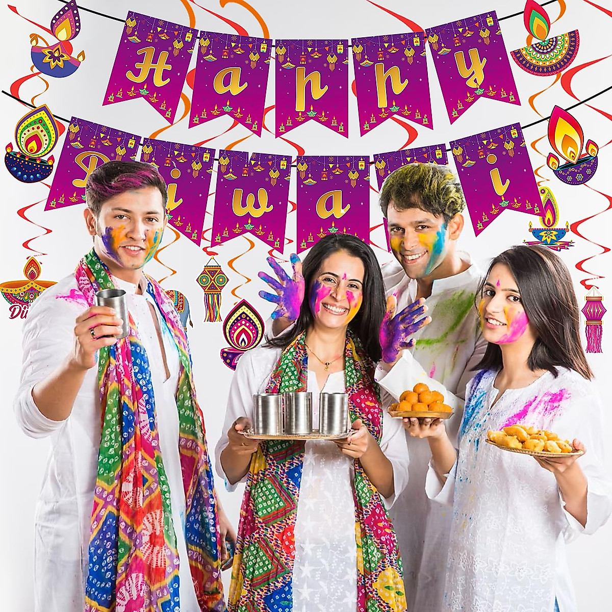 Diwali Decorations Happy Diwali Banner Hanging Swirls and Table Decorations Honeycomb Centerpieces for House Happy Diwali Banner for Diwali Rangoli Diya Hanging Decors