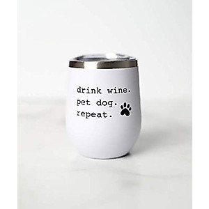 Rover.com ‘Drink. Pet Dog. Repeat.’ Tumbler With Lid, Insulated, Stainless Steel, Stemless, 12 Oz., White