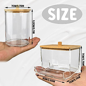 XEFINAL 4 Pack Acrylic Qtip Holder Dispenser with Bamboo Lid, Cotton Ball Pad Round Swab Holder for Cotton Pads Cotton Balls Hair Ties Rustic Bathroom Decor Accessories Storage Organization