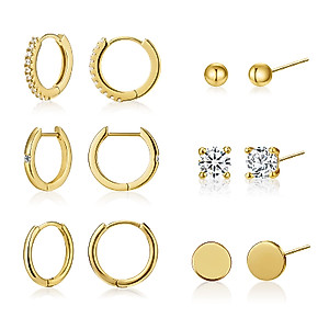 6 Pairs Stud and Hoop Earrings Set for Women 18K Gold Filled CZ Small Ball Studs Huggie Earrings Hypoallergenic Cartilage Earring Sets for Multiple Piercing