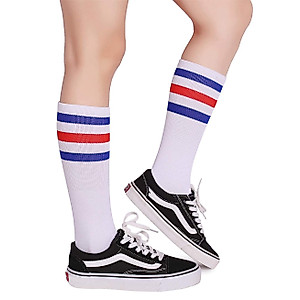 Pareberry Classic Triple Stripes Soft Cotton On the Calf Retro White Tube Socks (A-pair(Blue/Red/White))