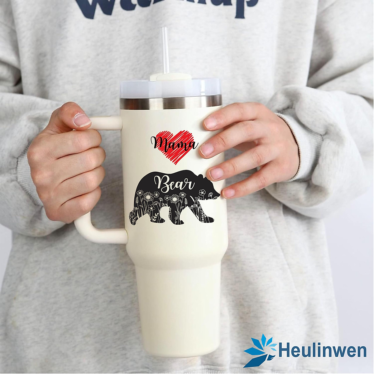 Heulinwen Mama Bear Tumbler with Handle 40oz – Funny Travel Mug for Wife, Bonus Mama, or New Mom – Gift From Daughter Son Husband – Mother's Day Christmas Birthday Surprise – Insulated Cup for Women