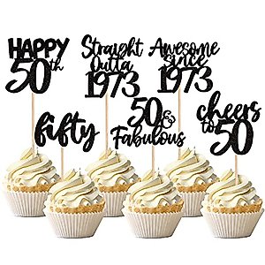 24 PCS Happy 50th Birthday Cupcake Toppers Glitter Fifty Cheers to 50 Straight Outta 1973 Cupcake Picks 50 Fabulous Awesome Since 1973 Cake Decorations 50th Birthday Anniversary Party Supplies Black