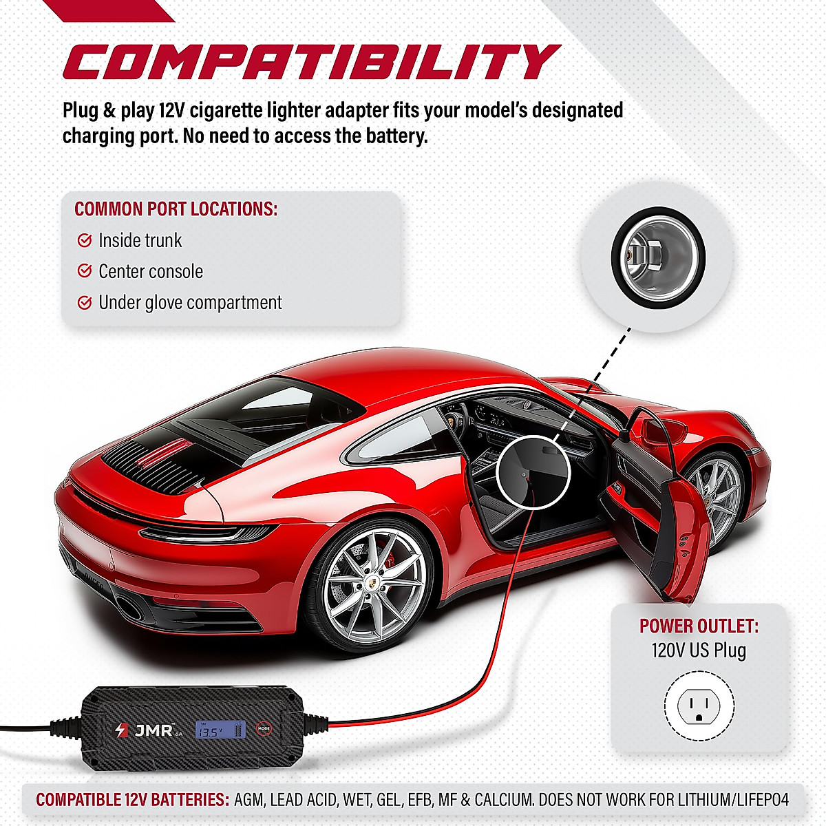 JMR Battery Charger for Porsche 911 Panamera Cayenne Macan Cayman 718 Boxter All Models Trickle Charger Conditioner Maintainer (No Lithium Mode)