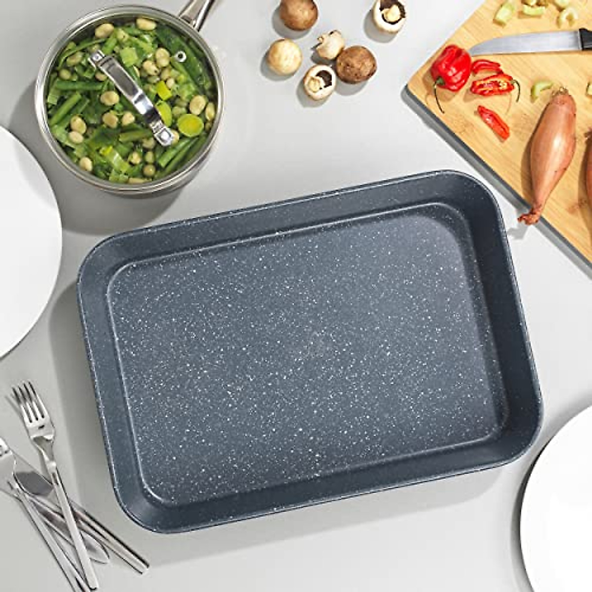 Russell Hobbs RH01832EU Deep Roasting Pan, Non-Stick Carbon Steel Roaster, Tall Sides Baking Tray for Meats, Vegetables, Large Oven Tin, Family Size, Nightfall Stone Collection, Blue Marble, 39 cm