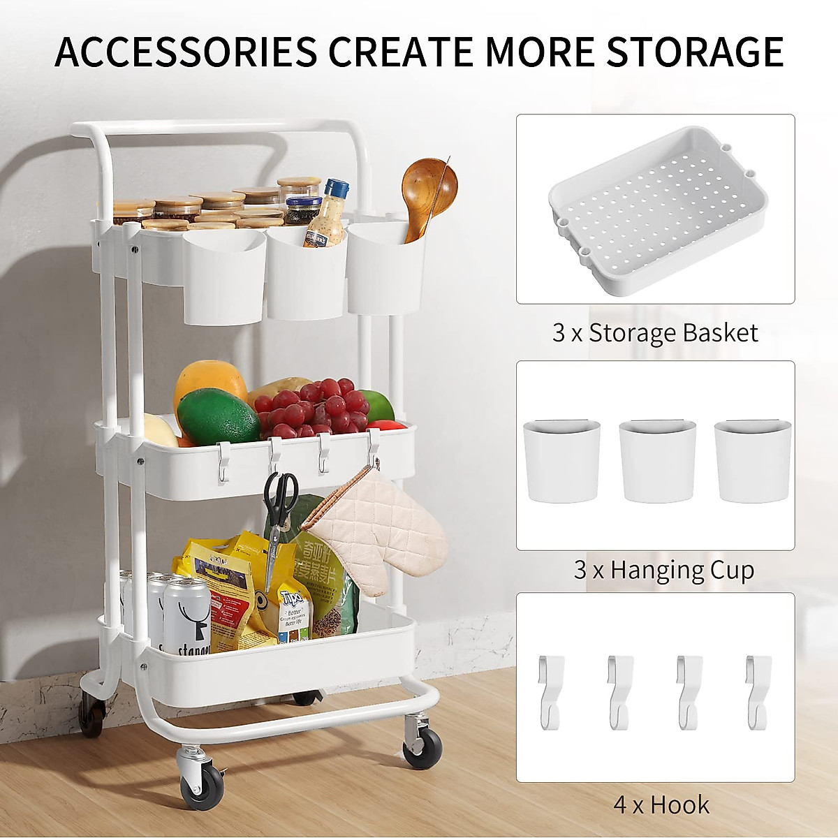 ALVOROG 3-Tier Plastic Rolling Utility Cart,Multi-Functional Storage Trolley for Office