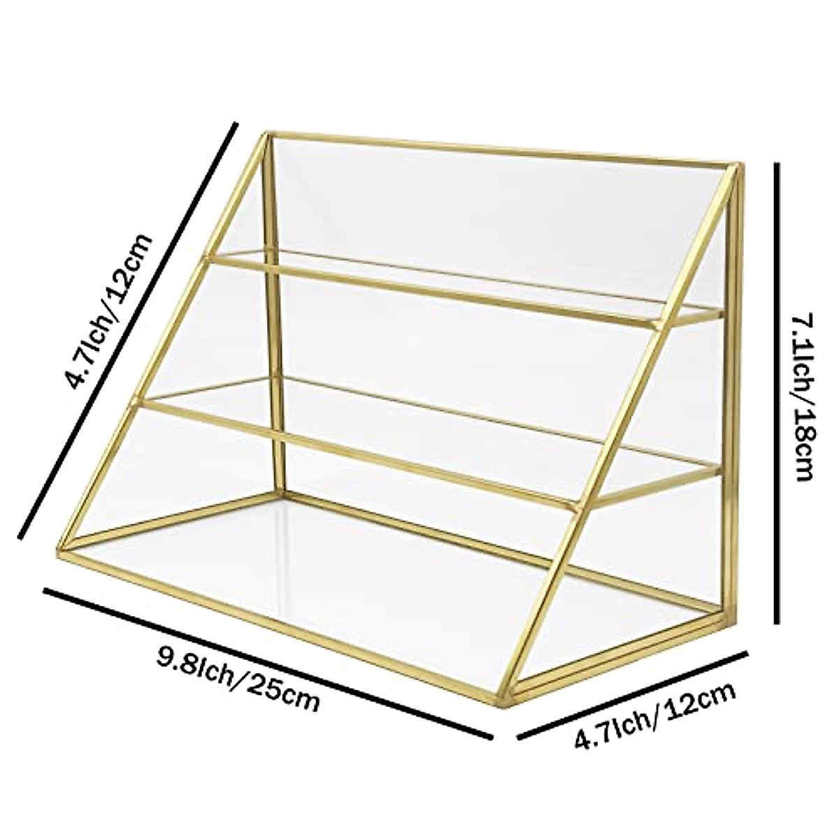 FSyueyun Gold Makeup Organizer Case Vanity, 3 Layers Glass Makeup Storage Cosmetics Organizer Jewelry Box Earring Ring Holder Display Case
