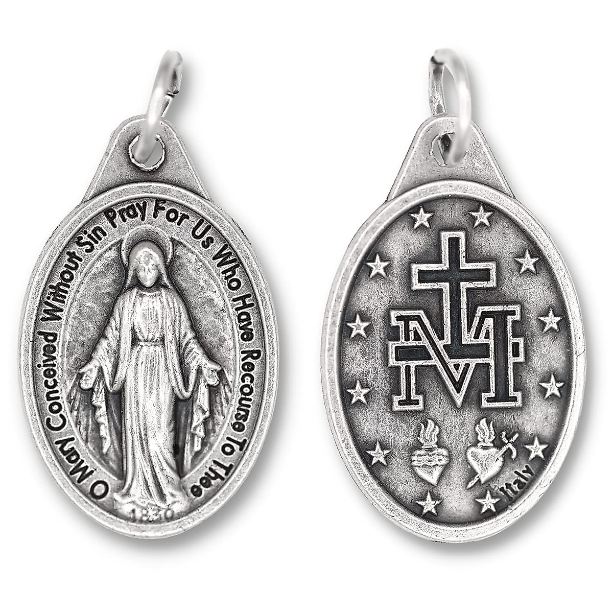 Caritas et Fides Bulk Pack of 10 - Miraculous Medal Pendant for Necklace -1" Oval Silver Oxidized Miraculous Medals Pendant for Necklace, Medals for Jewelry Catholic, Made in Italy