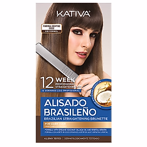 Kativa Brazilian Straightening Brunette Kit, 12 Weeks of Home Use Professional Straightening, with Organic Coconut Oil, Açai Oil, and Keratin, for Straighter, Softer and Shinier Dark-Coloured Hair