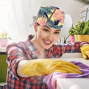 Tropical Palm Coconut Tree Pattern Working Caps with Buttons, Long Hair Scrub Hats Ponytail Holder for Women