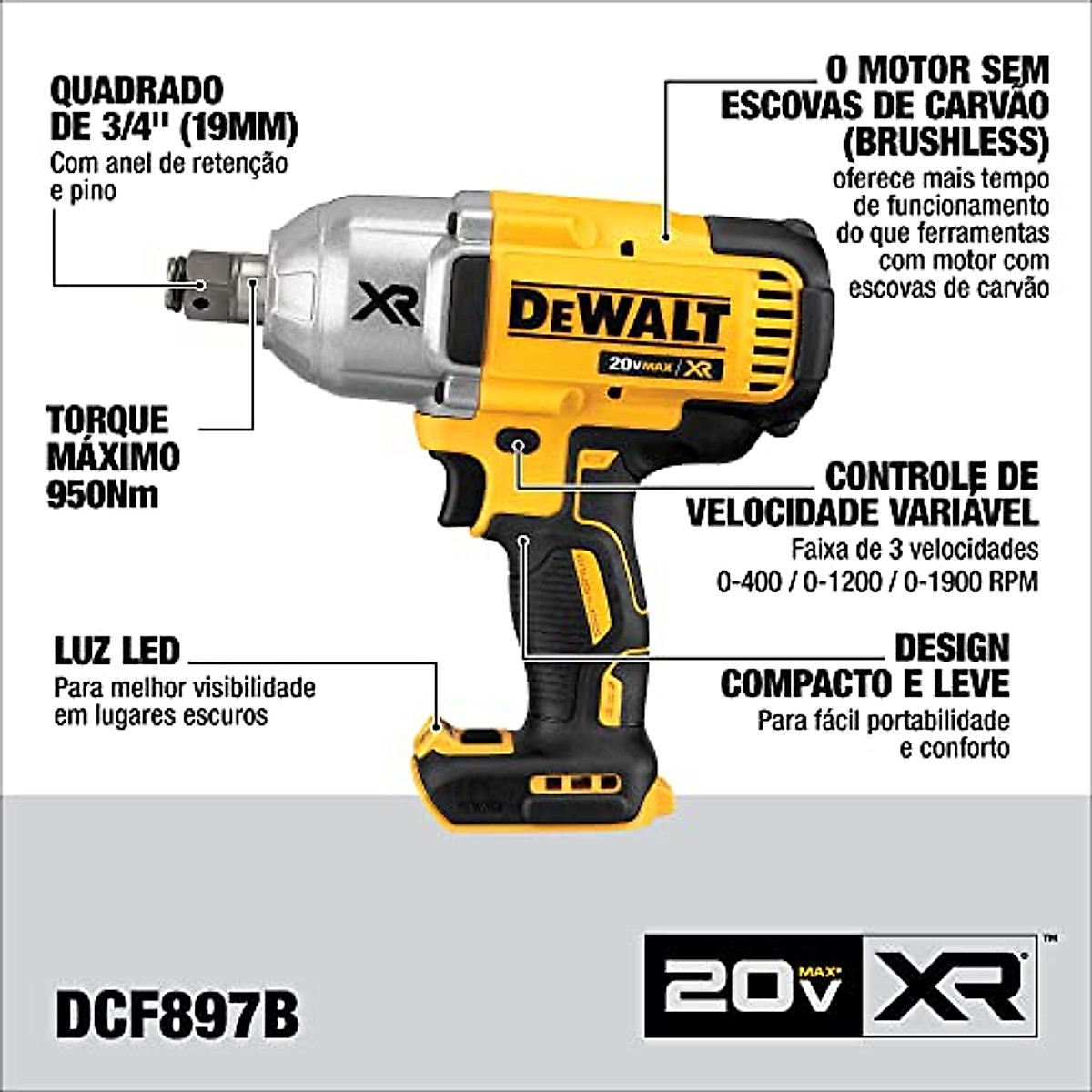 DEWALT 20V MAX* XR Cordless Impact Wrench with Hog Ring Pin Anvil, 3/4-Inch , Tool Only (DCF897B)