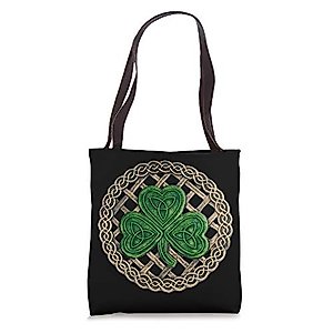 Green Shamrock, Celtic Knots With Black Background Tote Bag