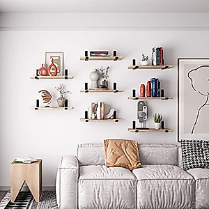 YGEOMER Floating Shelves, Set of 8, Rustic Wall Shelves, Wood Floating Shelf for Bedroom, Living Room, Book and Bathroom（Carbonized Black）