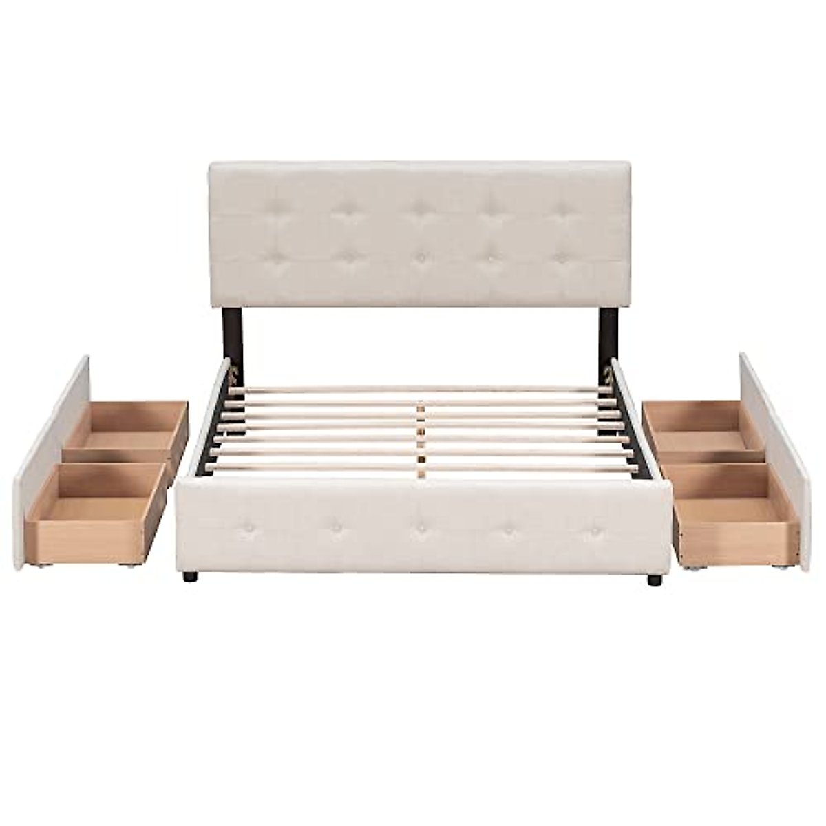 Lostcat Queen Upholstered Bed Frame with 4 Drawers,Linen Fabric Platform Storage Bed with Adjustable Button Tufted Headboard and Solid Wooden Slats Support,No Box Spring Needed,Beige