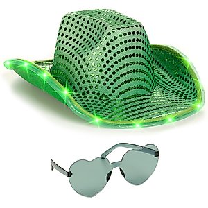 Funcredible Green Light Up Cowboy Hat and Glasses - Sparkly Disco Cowgirl Hat - Sequin Cowboy Hat for Women - Cowgirl Costumes for Girls