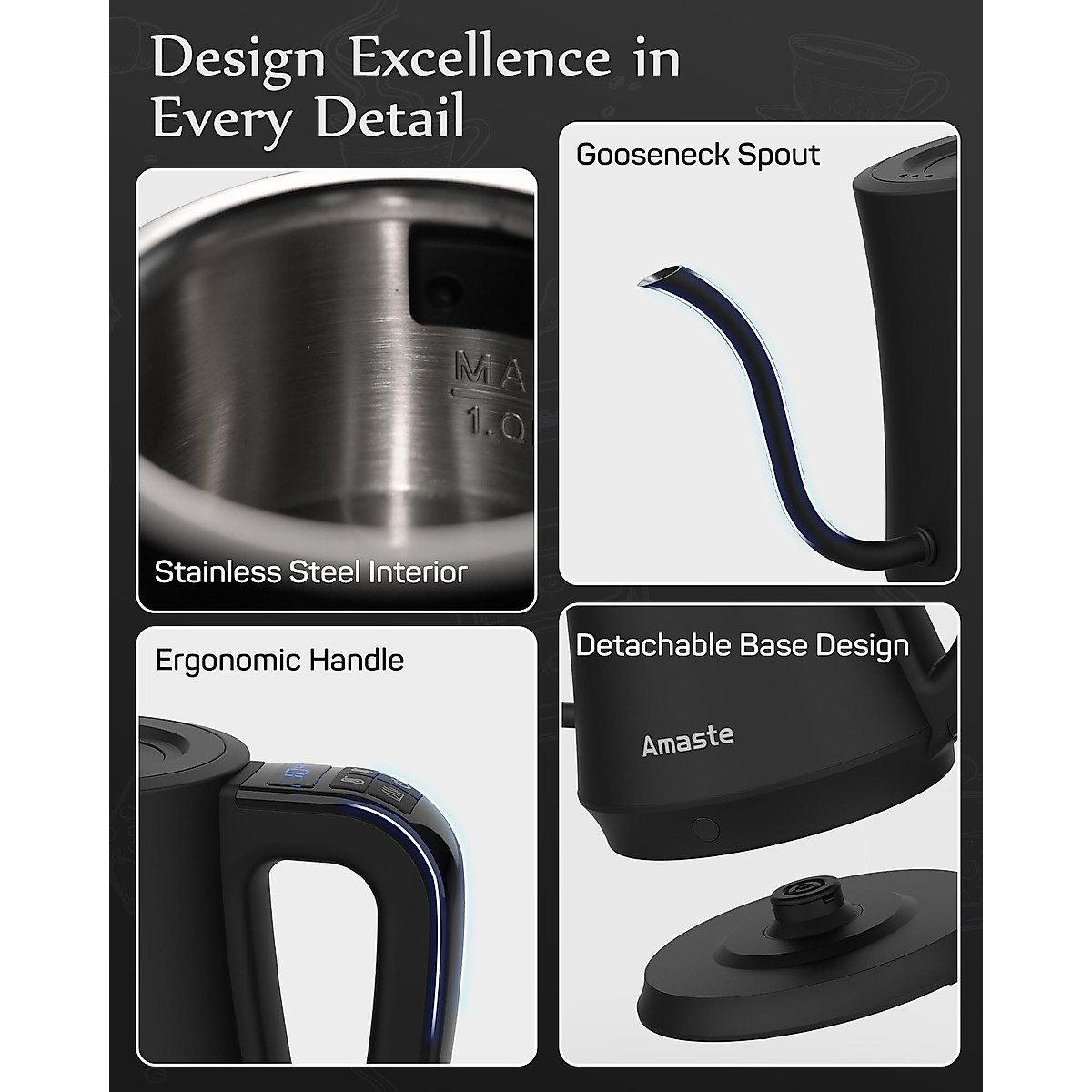 Amaste Gooseneck Electric Kettle, Electric Tea Kettle With Temperature Control, 34oz Pour Over Electric Kettle for Coffee & Tea, 304 Stainless Steel Inner, Auto Shut-Off & Keep Warm, Matte Black