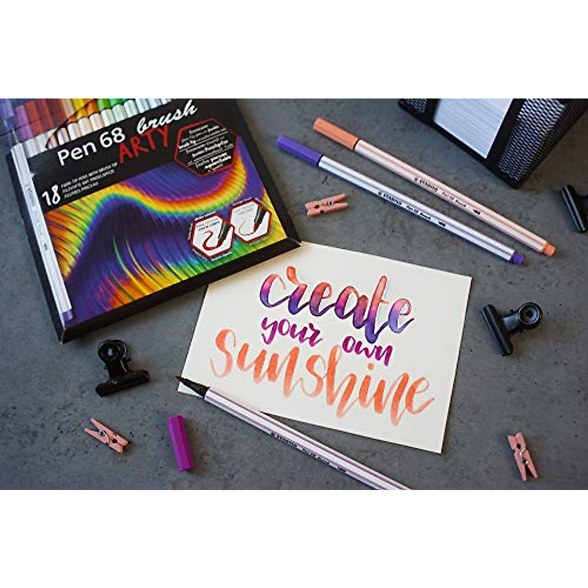 STABILO Premium Fibre-Tip Pen - Pen 68 brush ARTY - Wallet of 18 - Assorted Colours
