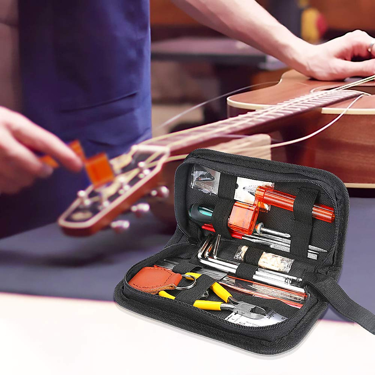 Number-one Guitar Repair Tool Kit 26Pcs Guitar Maintenance Kit with Wire Plier String Organizer Fingerboard Protector Hex Wrenches Files String Action Ruler Spanner Wrench for Guitar Ukulele Banjo